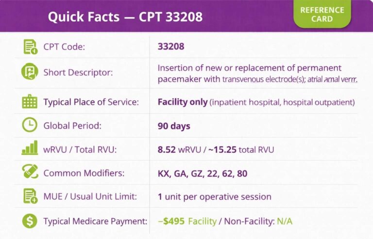 CPT Code 33208: Description, Cost, Scenarios, and Rules